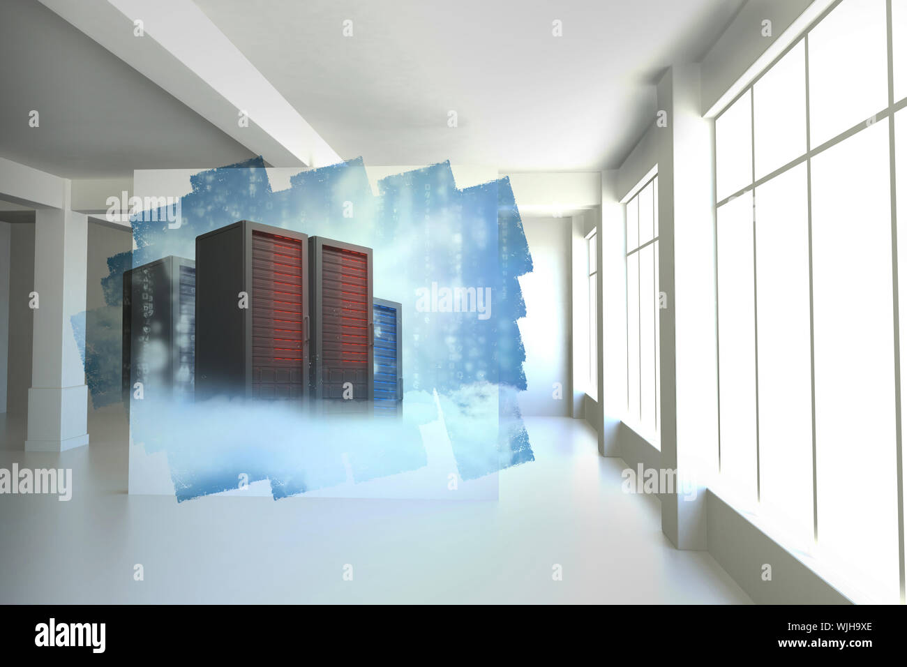 Abstract screen in room showing server towers Stock Photo - Alamy