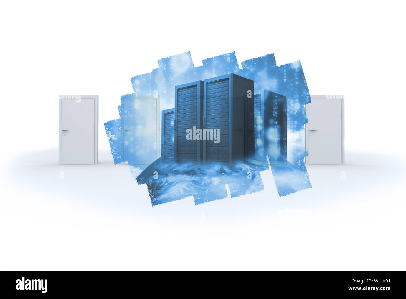 Abstract screen in room showing server towers Stock Photo - Alamy