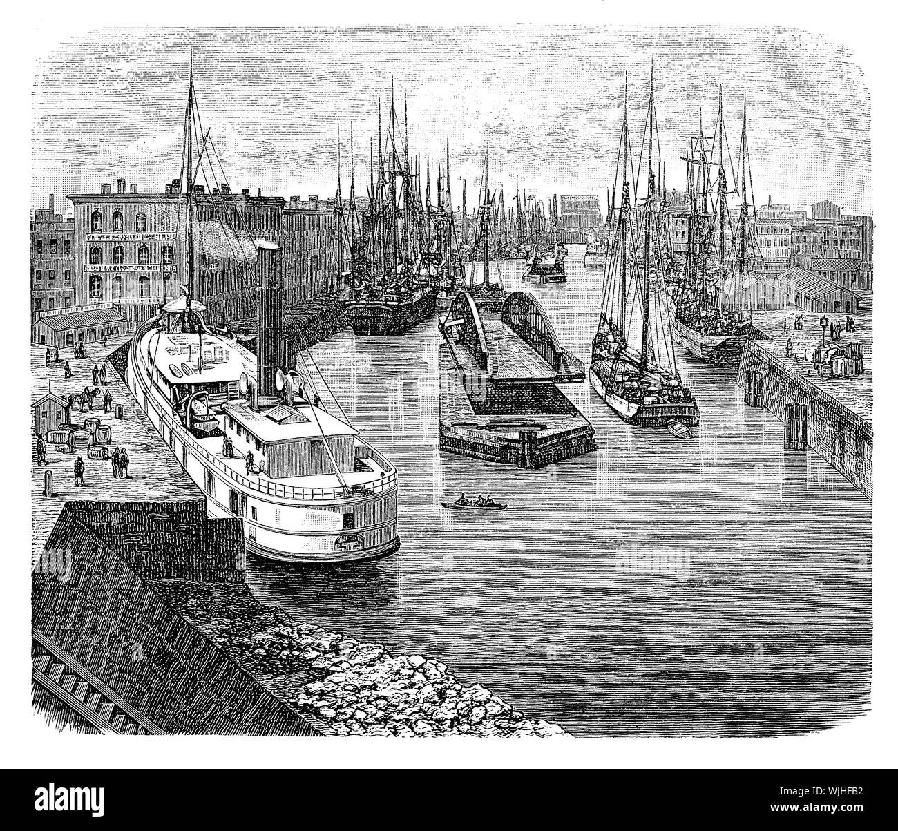 Swing bridge on the Chicago river pivots horizontally for vessels to ...