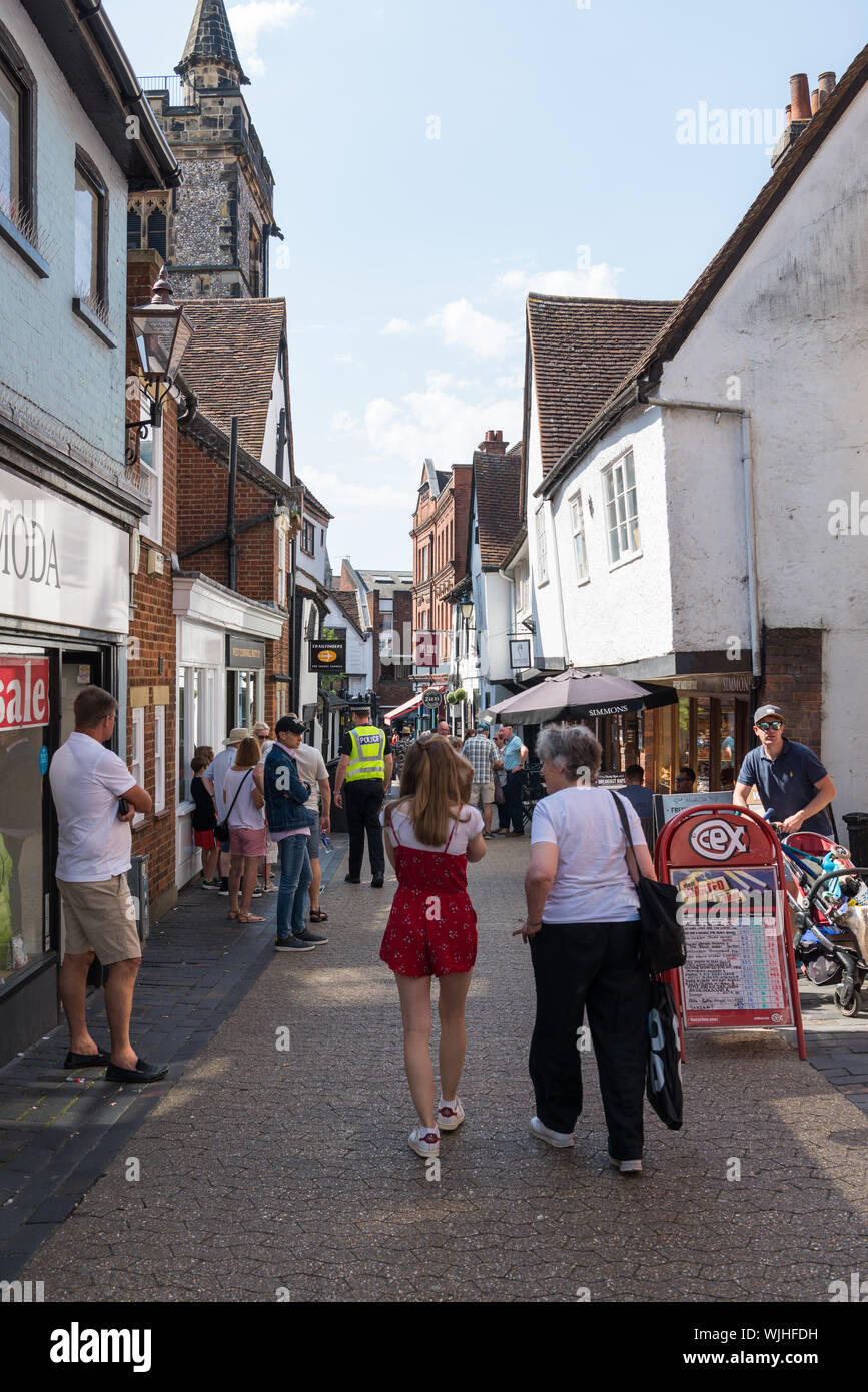 People out and about and shopping in Market Place, St. Albans city ...