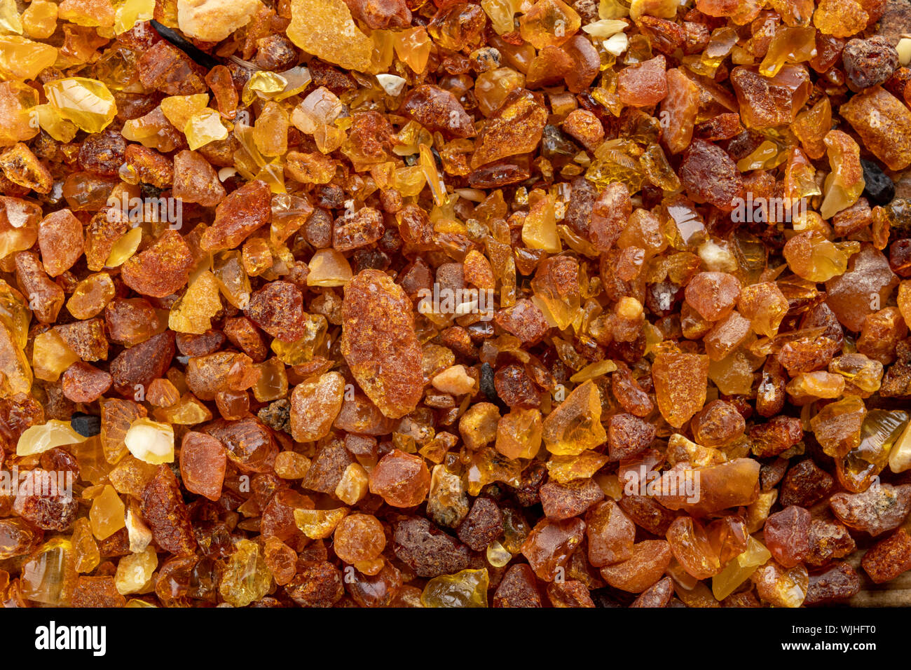 Small raw amber on a wooden table. A precious find from the coast of ...