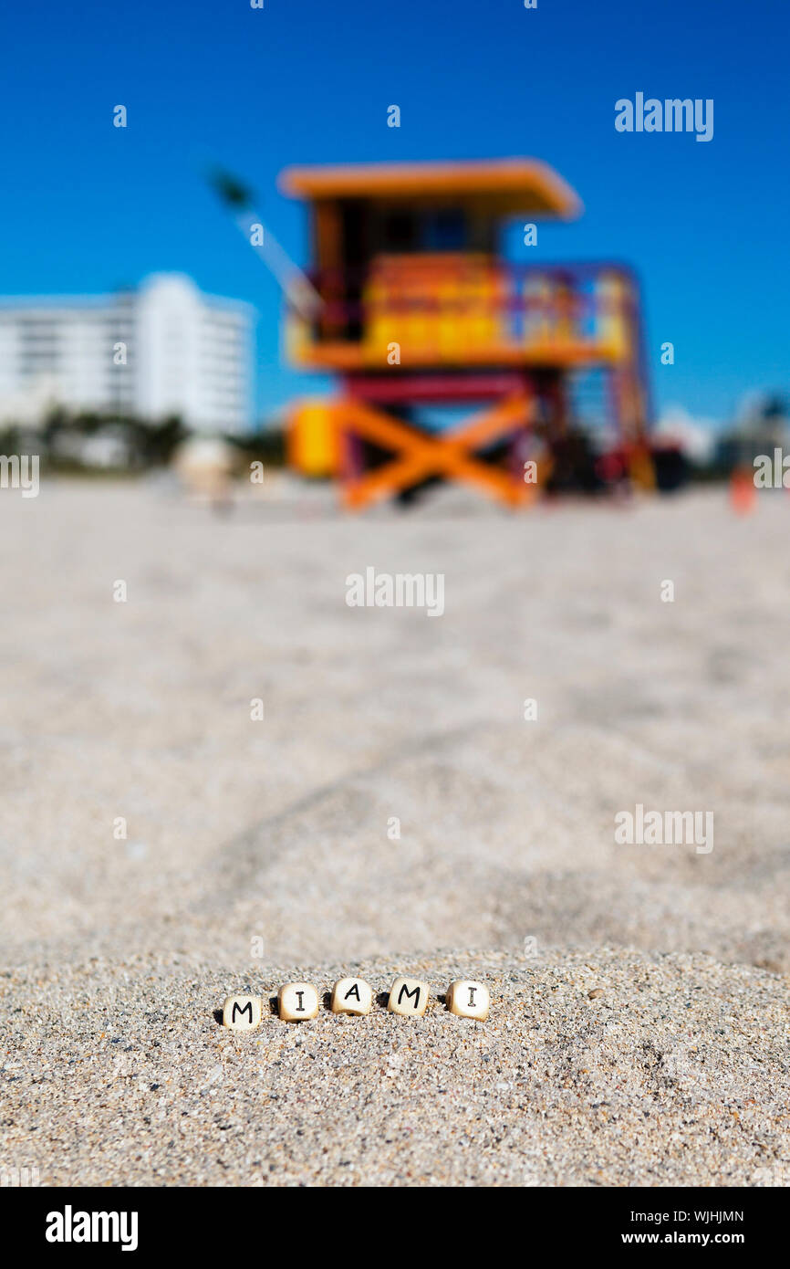 Miami Beach, Florida, with letters on the sand Stock Photo - Alamy