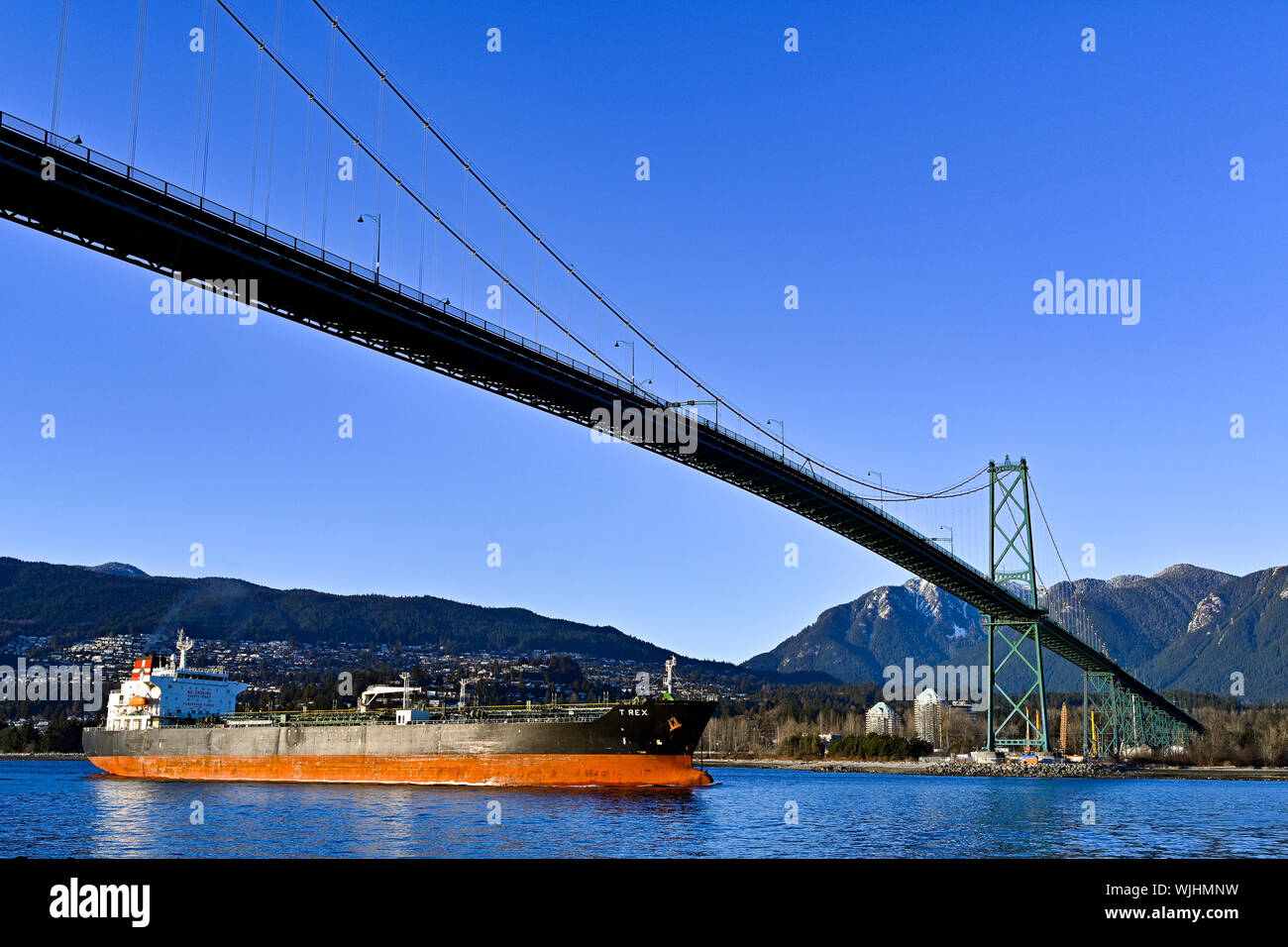 T Rex oil tanker, ship passing under Lions Gate bridge, Vancouver ...