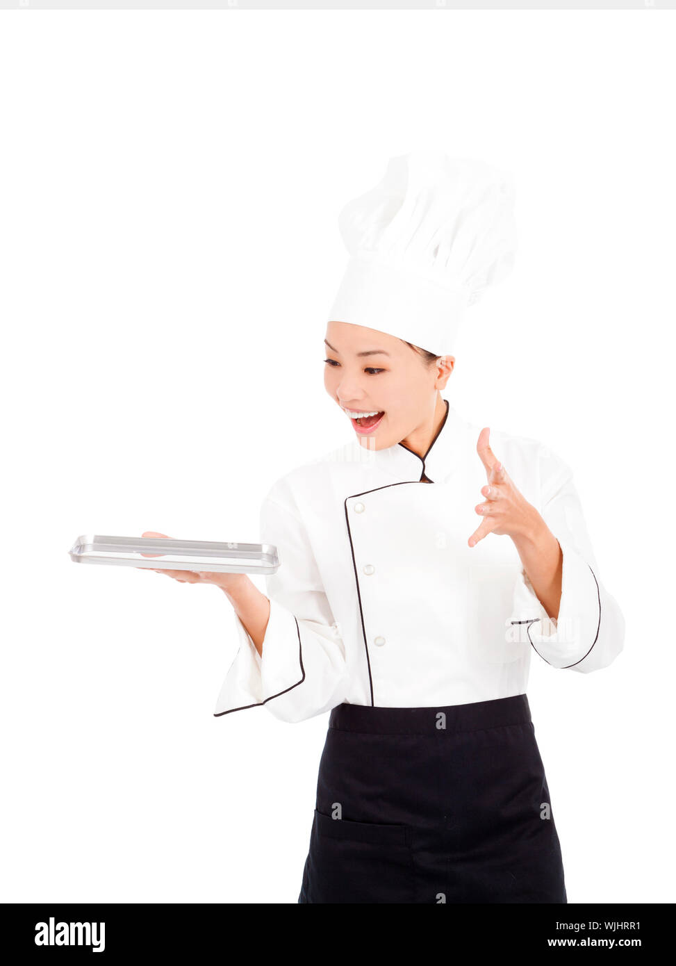 amazing cook woman chef holding tray and showing something Stock Photo ...