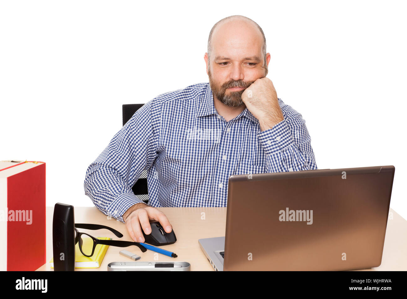A handsome but bored man with a beard isolated on white background ...