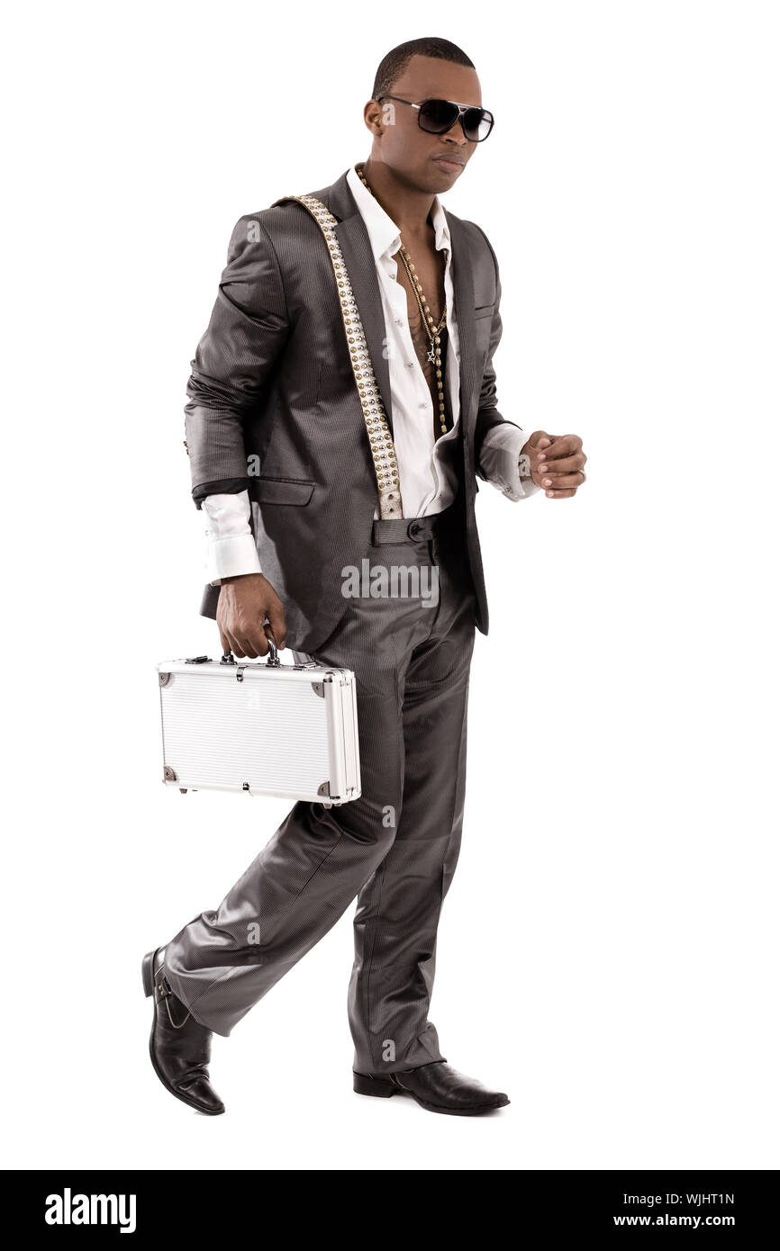 Gangster walking with his briefcase on a isolated white background ...