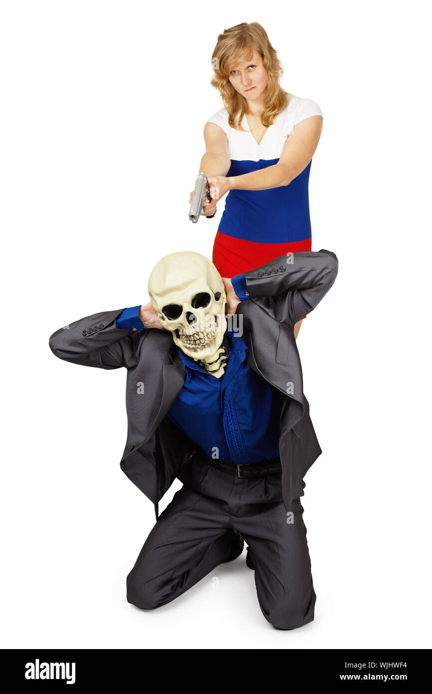 Young woman to conquer death, isolated on a white background Stock ...