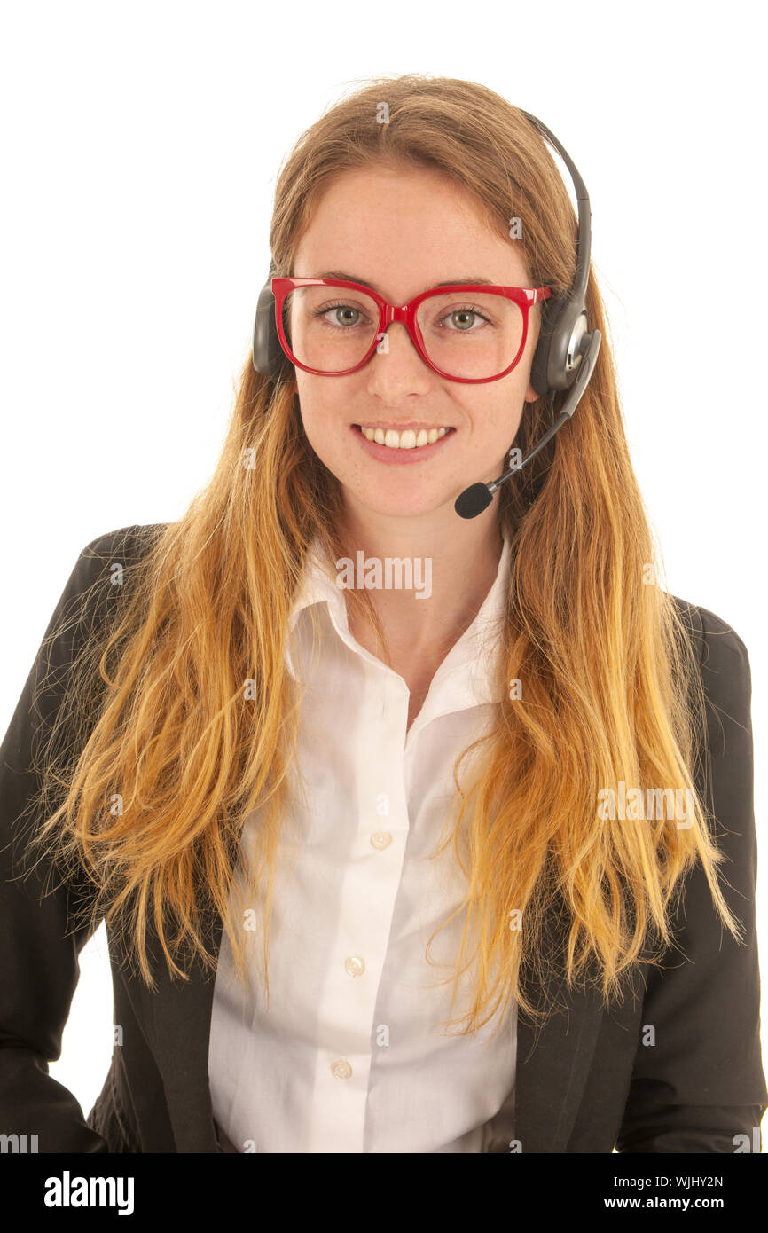 Blond woman with headset for customer support on the phone isolated ...