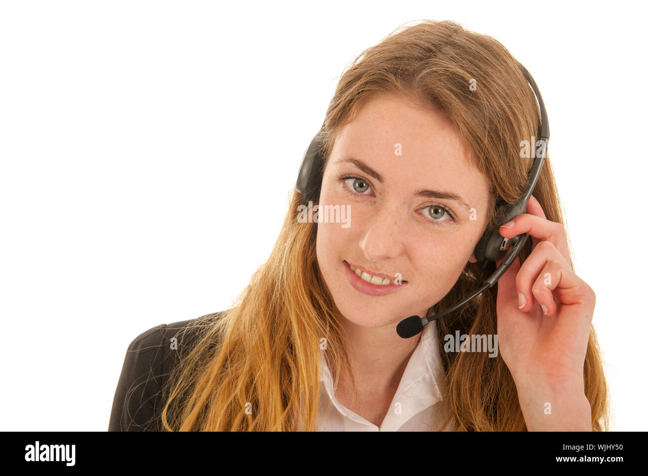 Blond woman with headset for customer support on the phone isolated ...