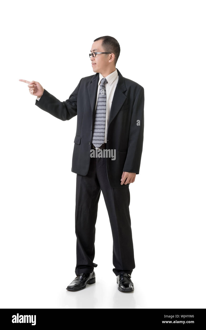 Mature businessman introduce something, full length portrait isolated ...