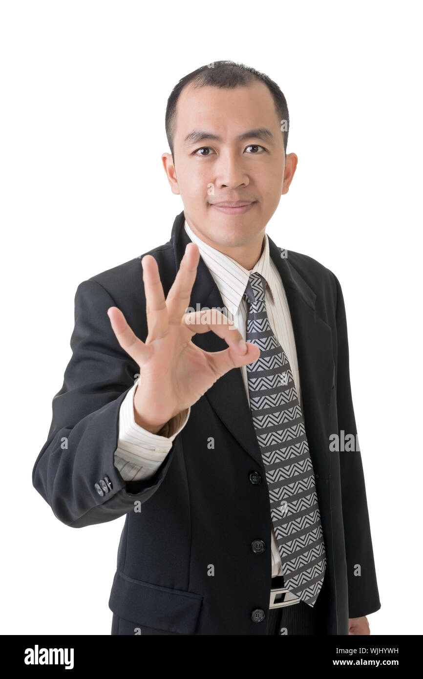 Mature businessman give you a gesture of okay, closeup portrait on ...