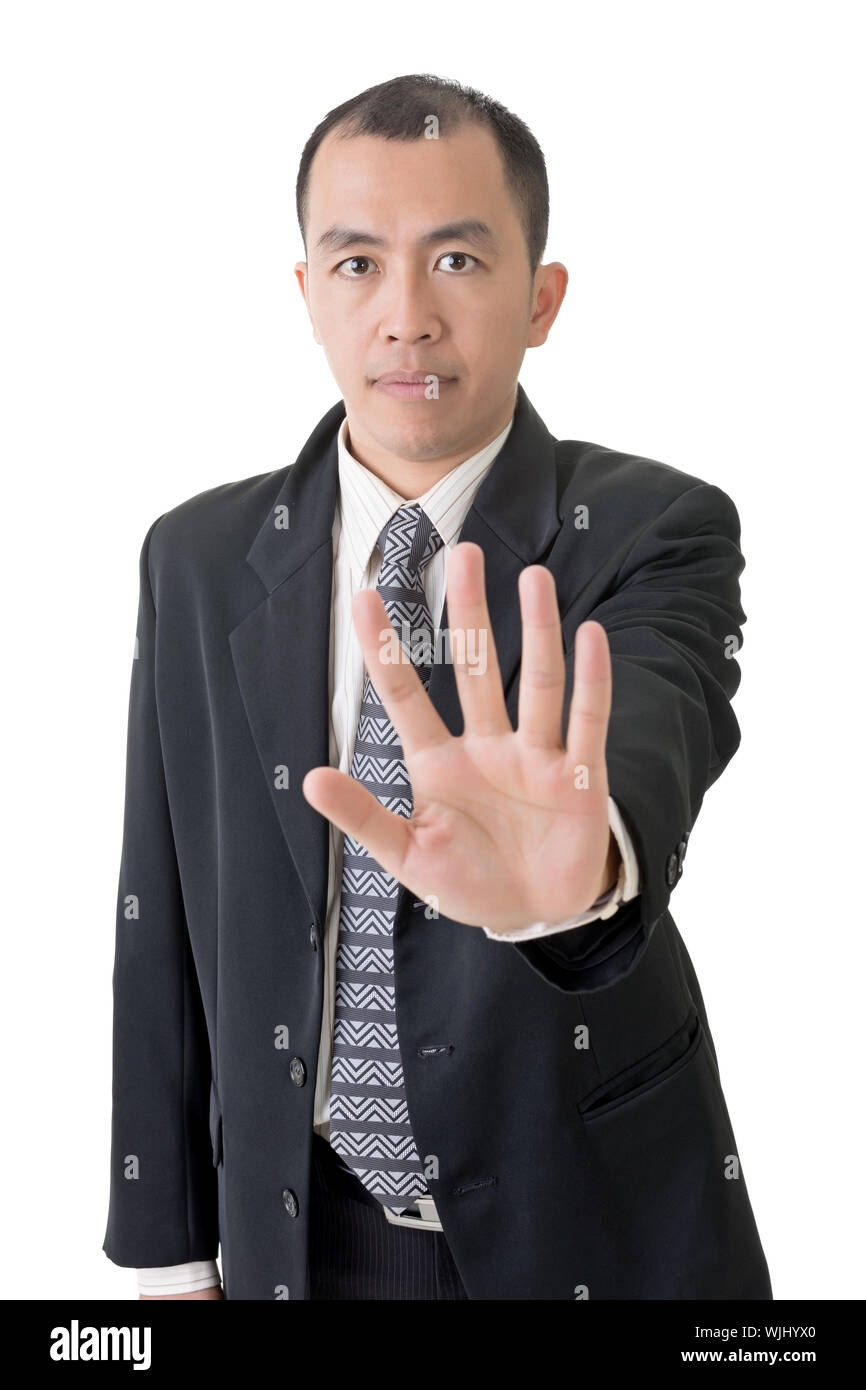 Mature businessman give you a gesture of stop, closeup portrait on ...