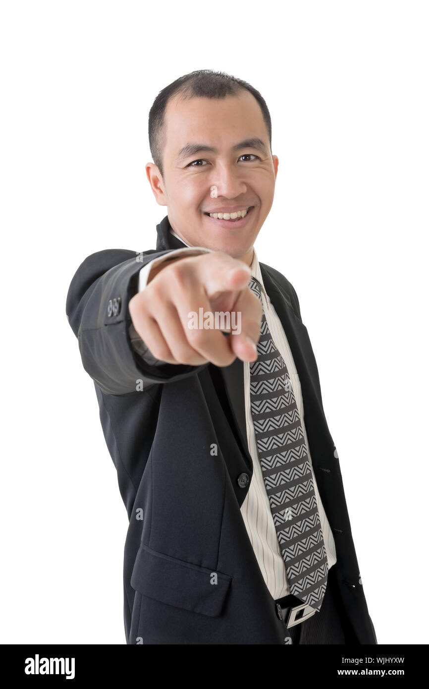 Smiling businessman of Asian point at you, closeup portrait on white ...