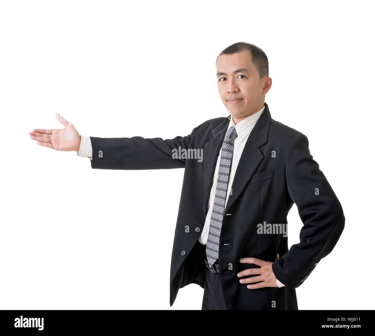 Mature businessman introduce something, closeup portrait Stock Photo ...