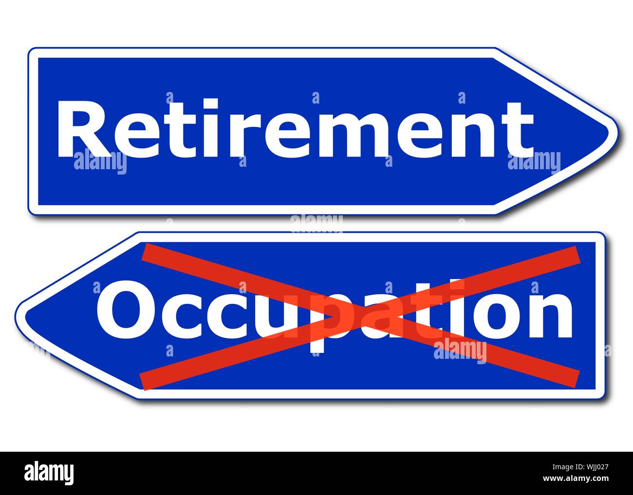 retirement concept with road sign isolated on white background Stock ...