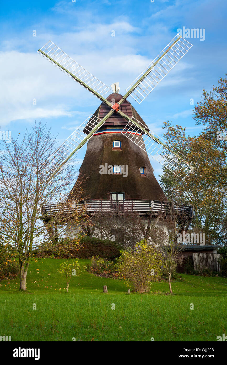 Traditional wooden windmill in a lush garden with four sails or blades ...