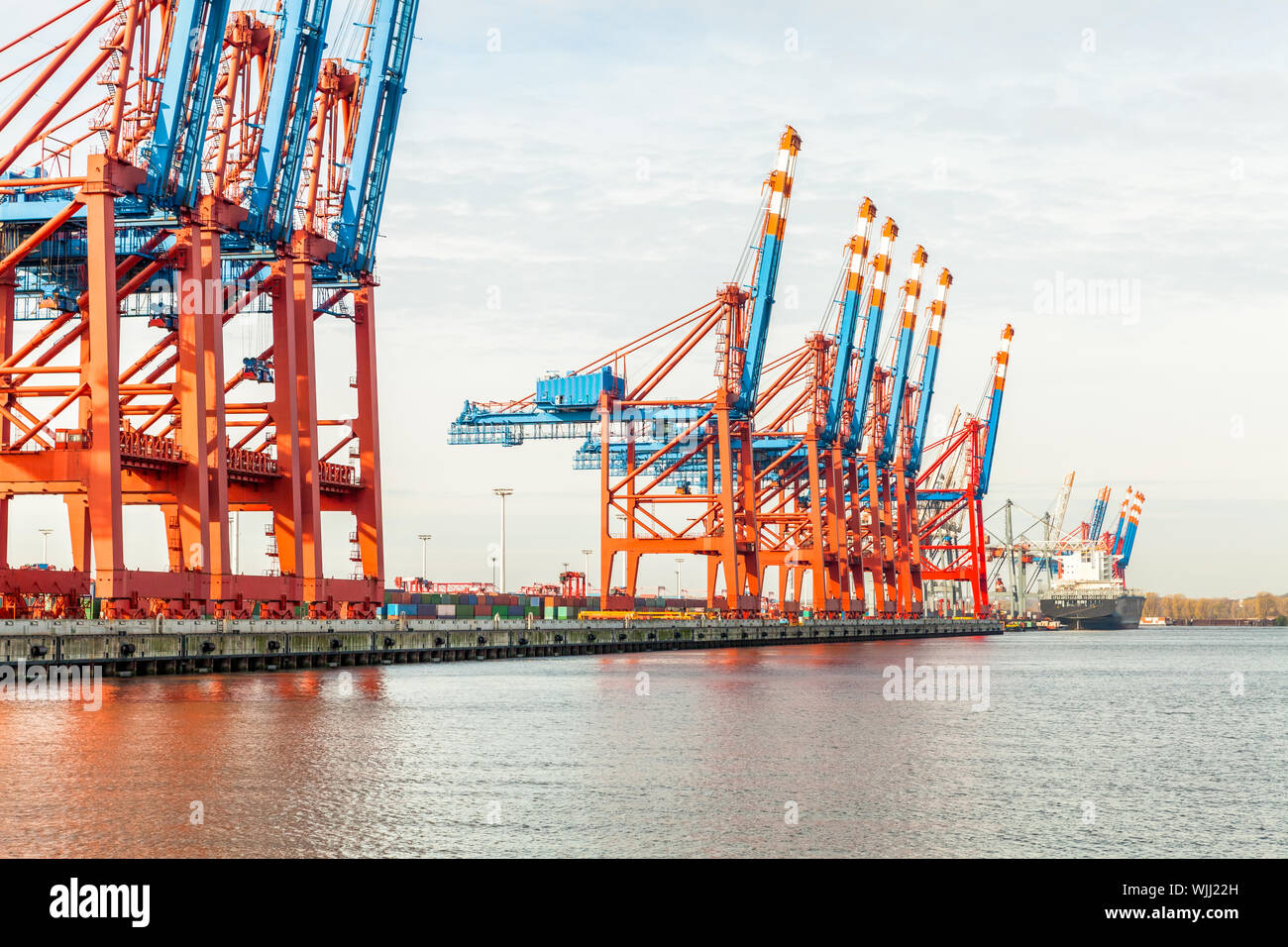 Deserted port terminal in a harbour for loading and offloading cargo ...