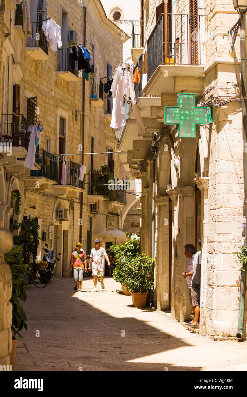 BARI, ITALY - JULY 11, 2018, View of a narrow street in Bari, Puglia ...
