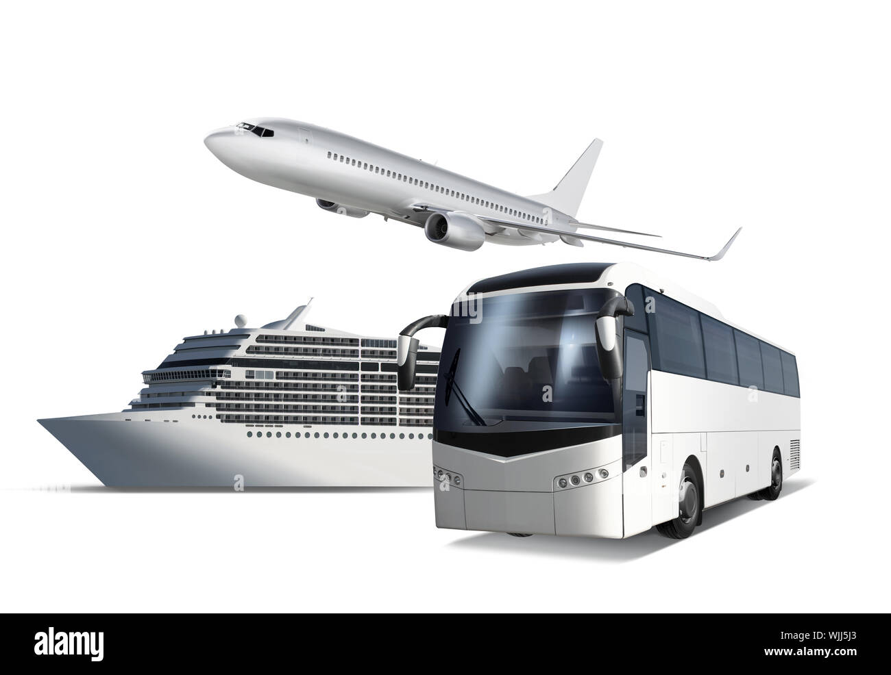 Collage of plane, ship and bus isolated on white with path, transport ...