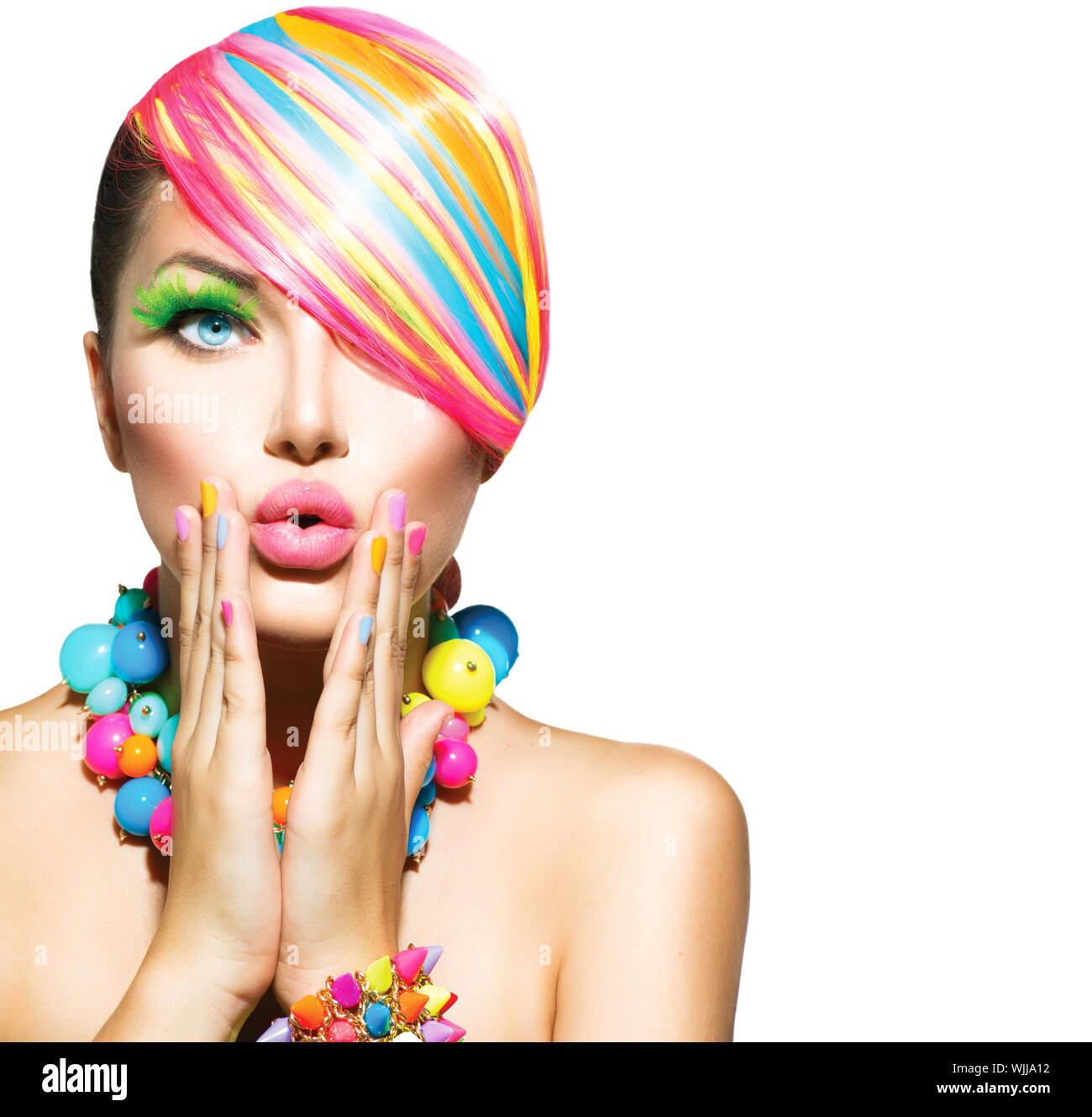 Beauty Woman With Colorful Makeup Hair Nails And Accessories Stock