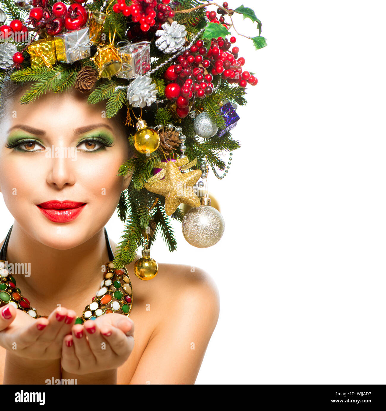 Christmas Woman. Christmas Tree Holiday Hairstyle and Makeup Stock ...