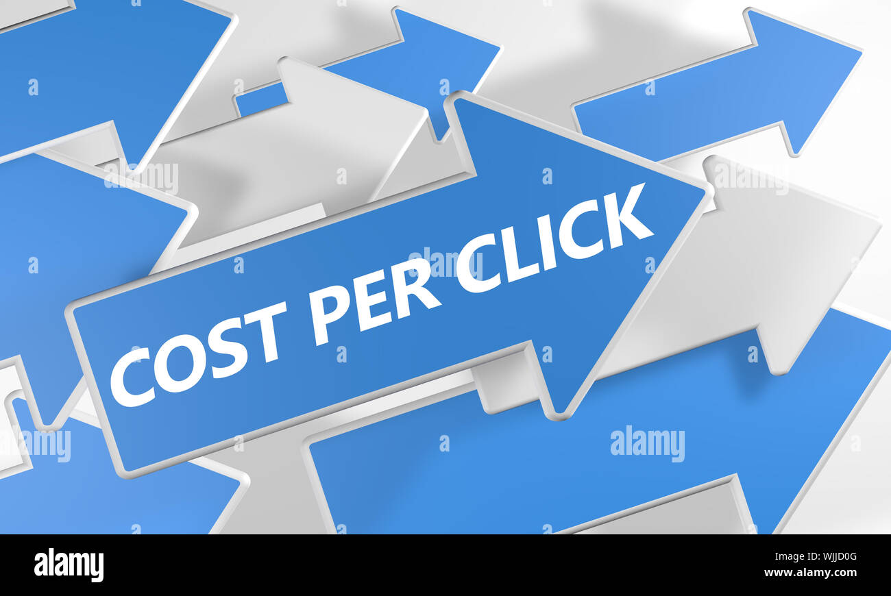 Cost per Click 3d render concept with blue and white arrows flying over ...