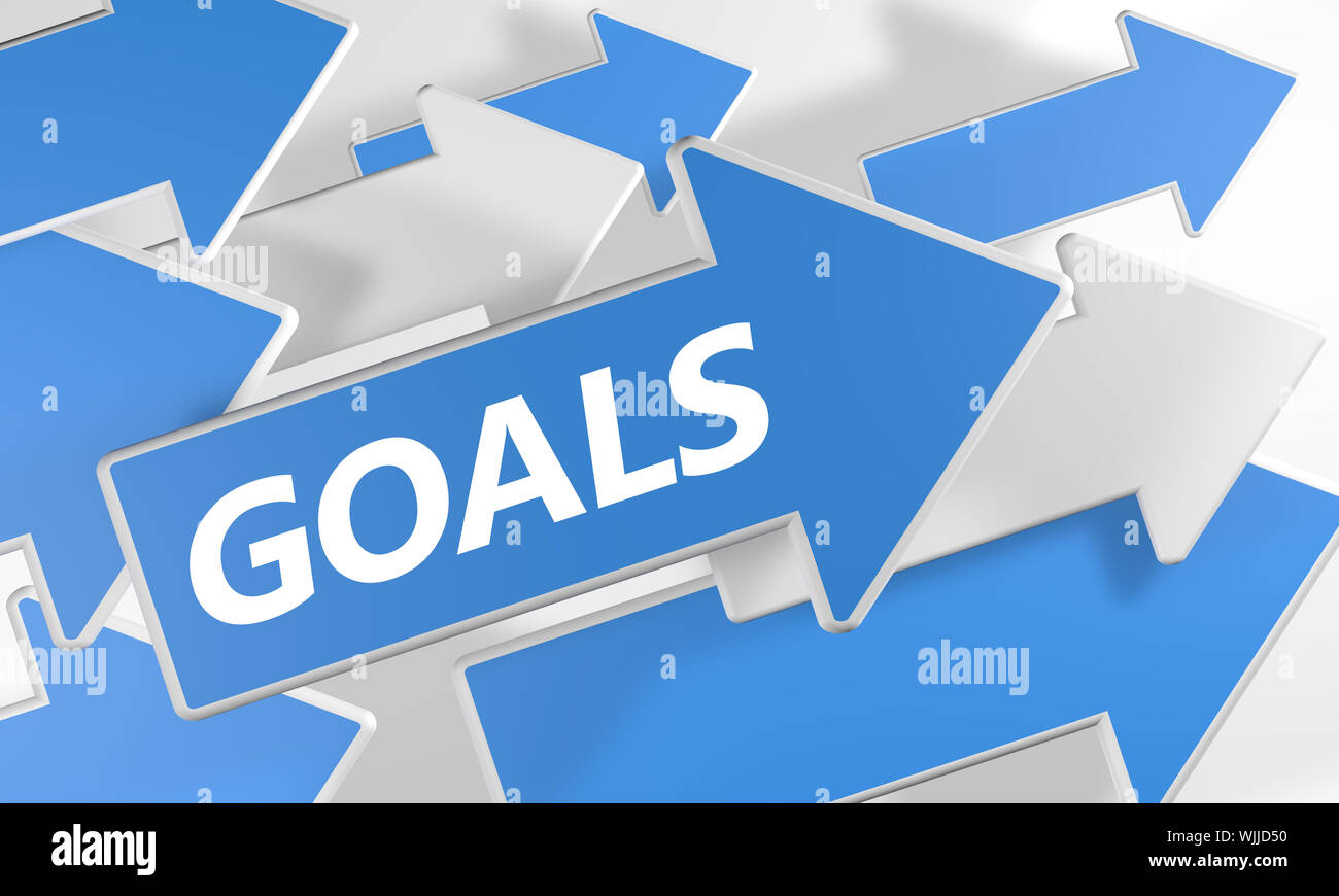 Goals 3d render concept with blue and white arrows flying over a white ...
