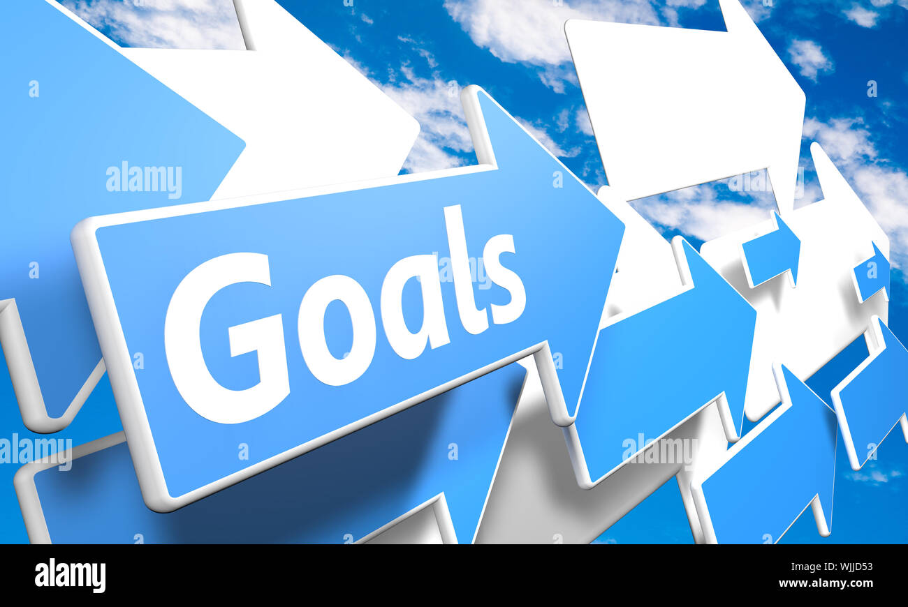 Goals 3d render concept with blue and white arrows flying in a blue sky ...