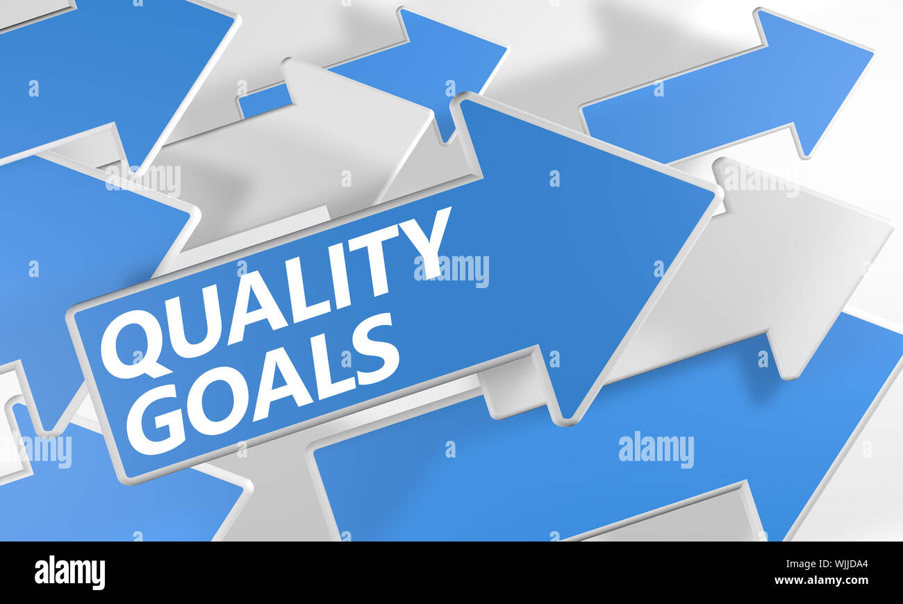 Quality Goals 3d render concept with blue and white arrows flying over ...