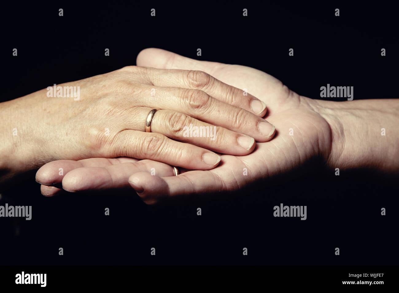 Two hands of senior people with engagement rings on a black background ...