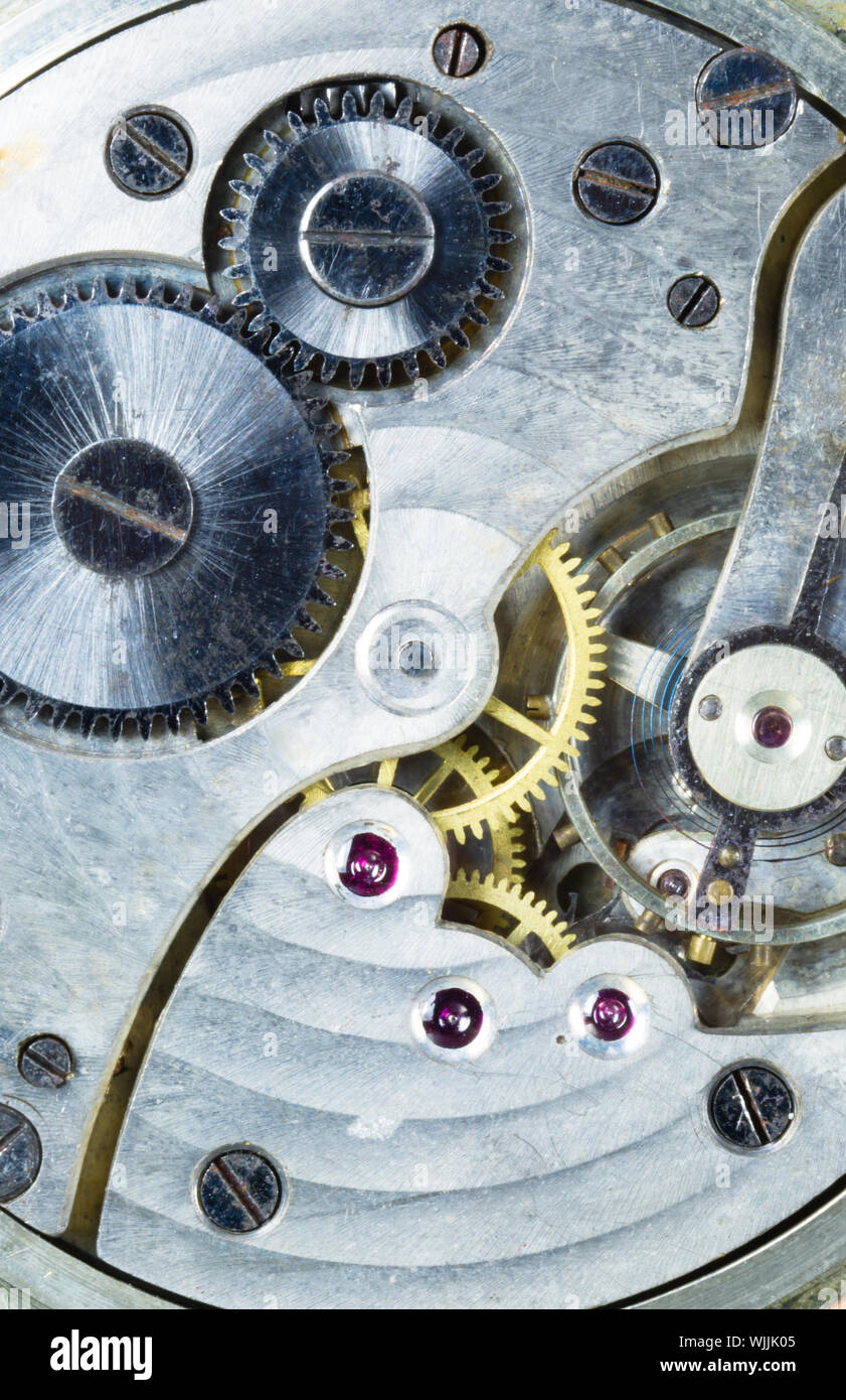 Extreme close up of the inside workings of a 17 jewels pocketwatch ...