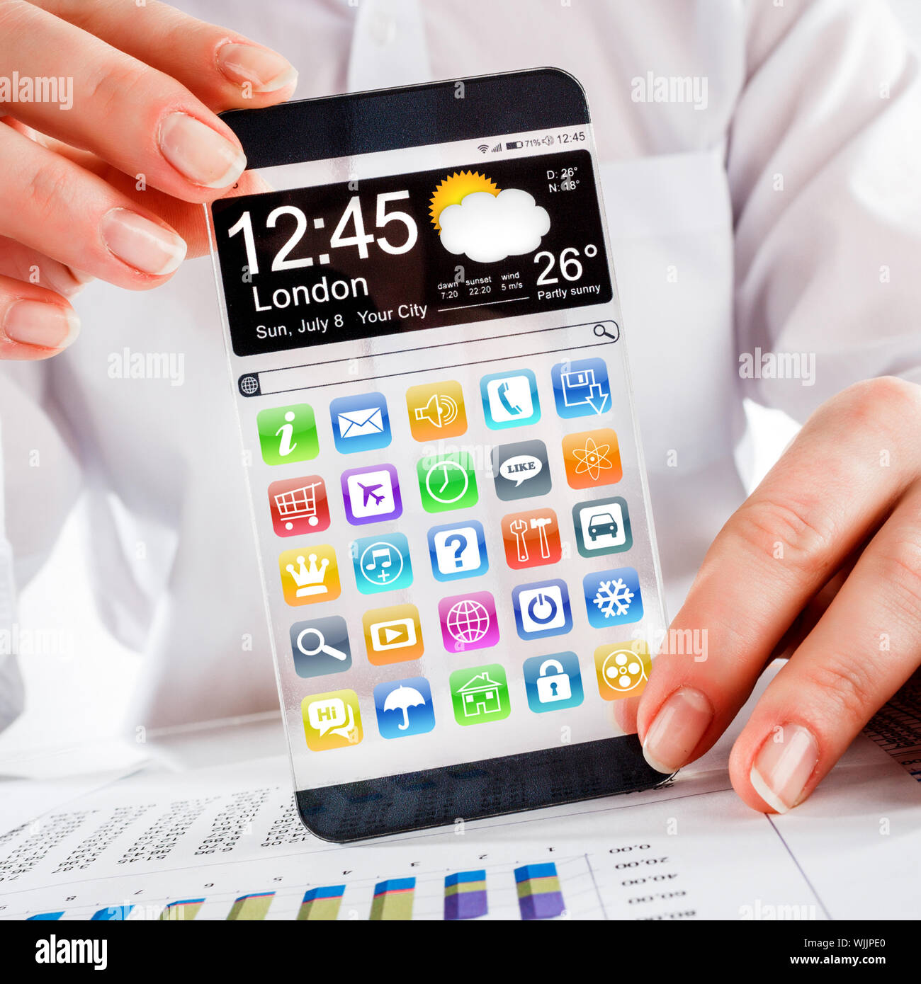 Smartphone (phablet) with a transparent display in human hands. Concept ...