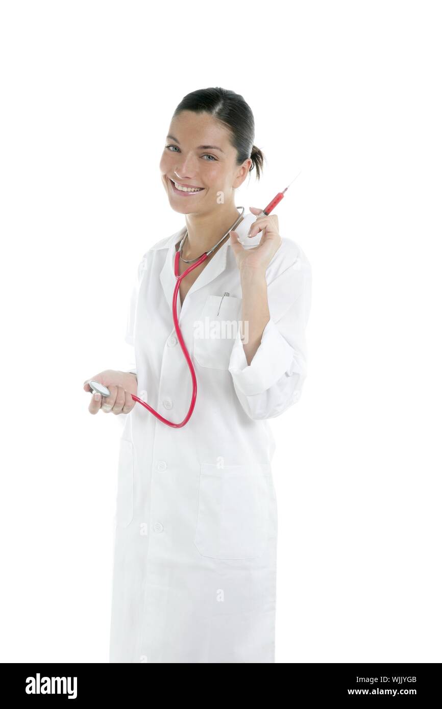 Beautiful woman doctor with red syringe injection in hand Stock Photo ...