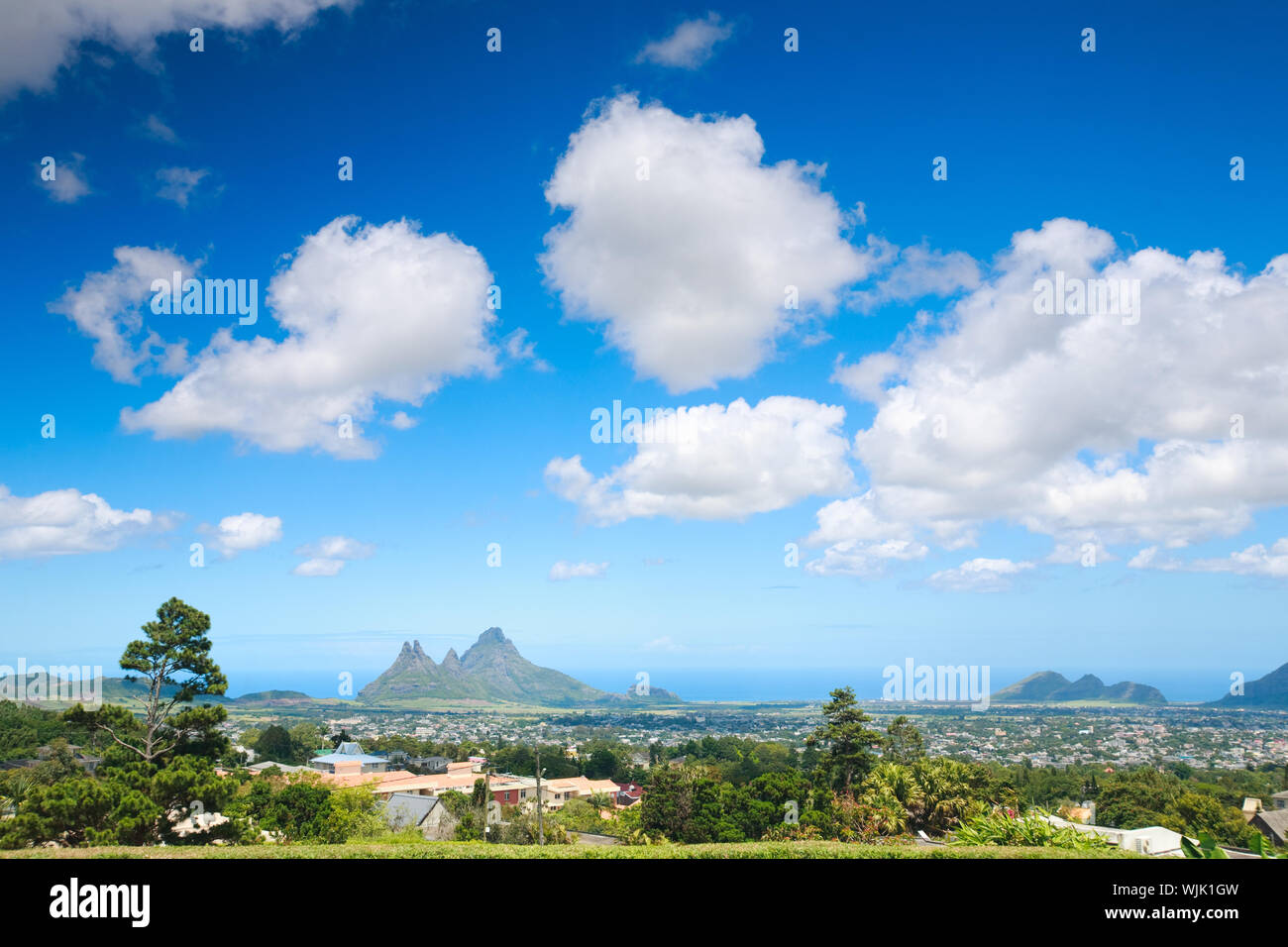 Beautiful landscape of Mauritius with some mountains and local villages ...