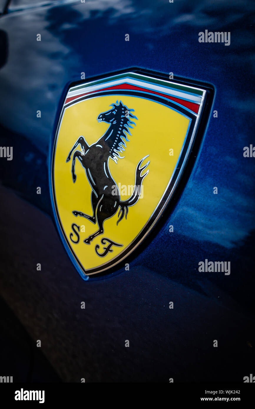Prancing Horse badge on a 2019 blue Ferrari 812 superfast s-a Stock ...