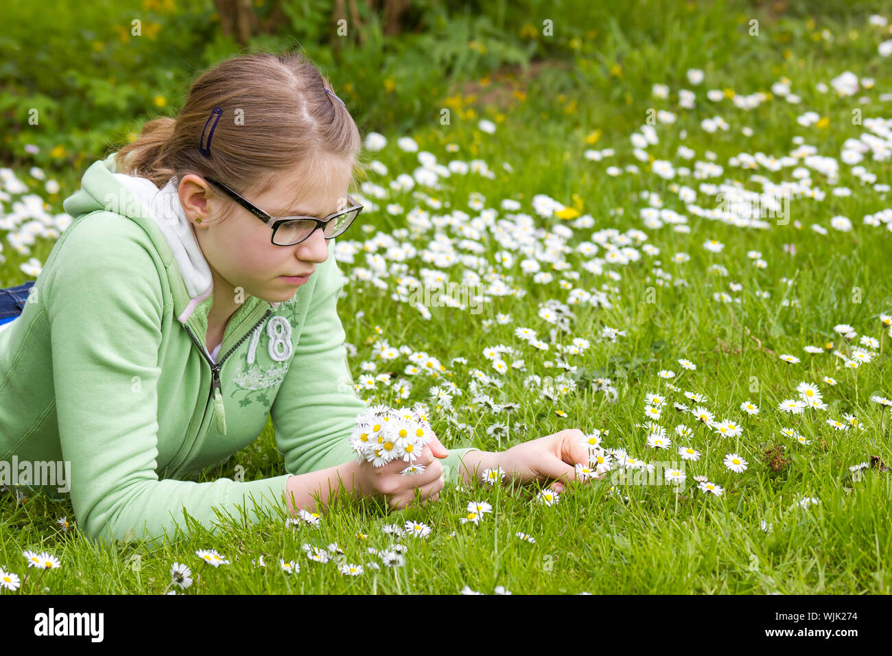 young girl picking daisies Stock Photo - Alamy