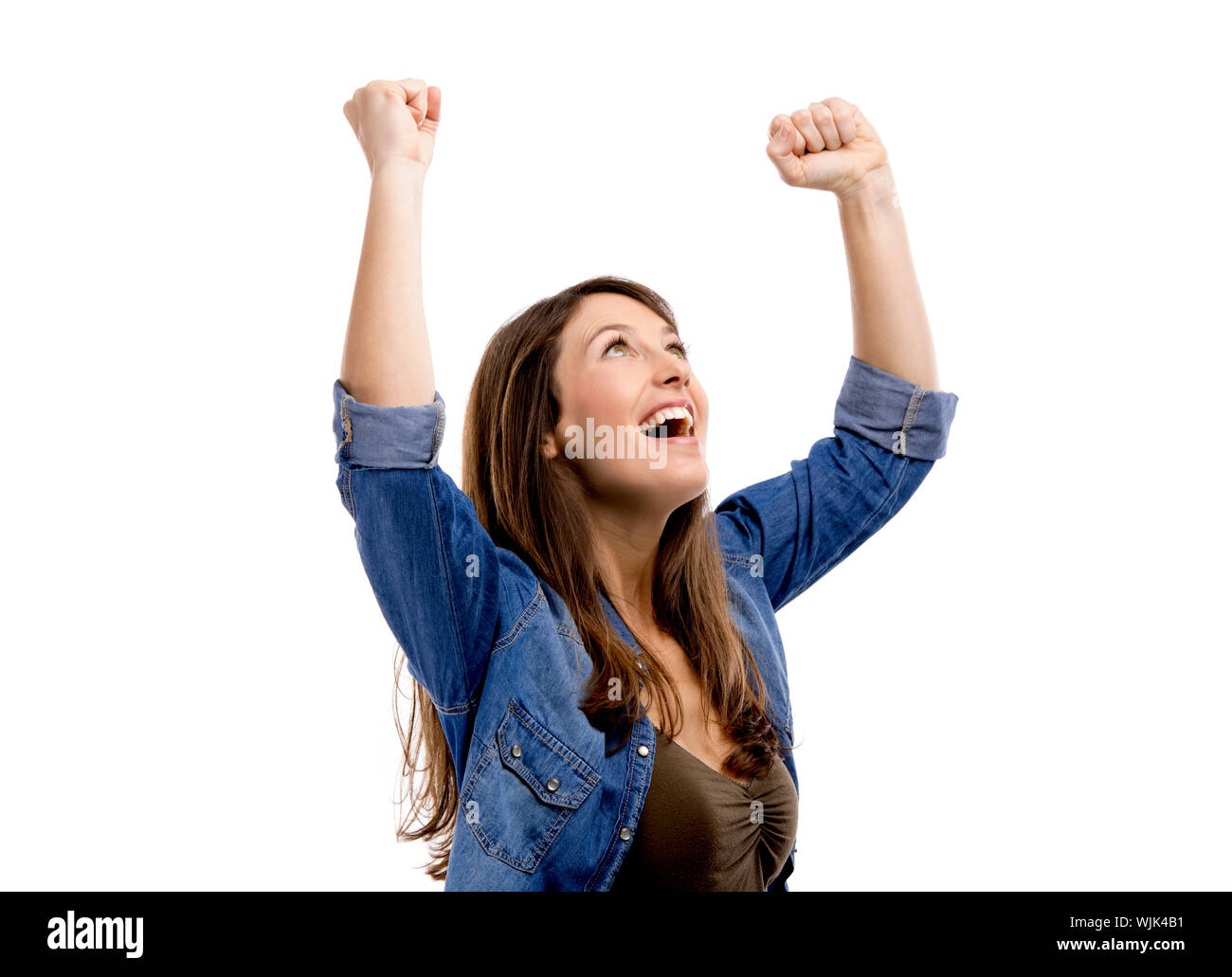 Happy woman with the achieved success, isolated over white background ...