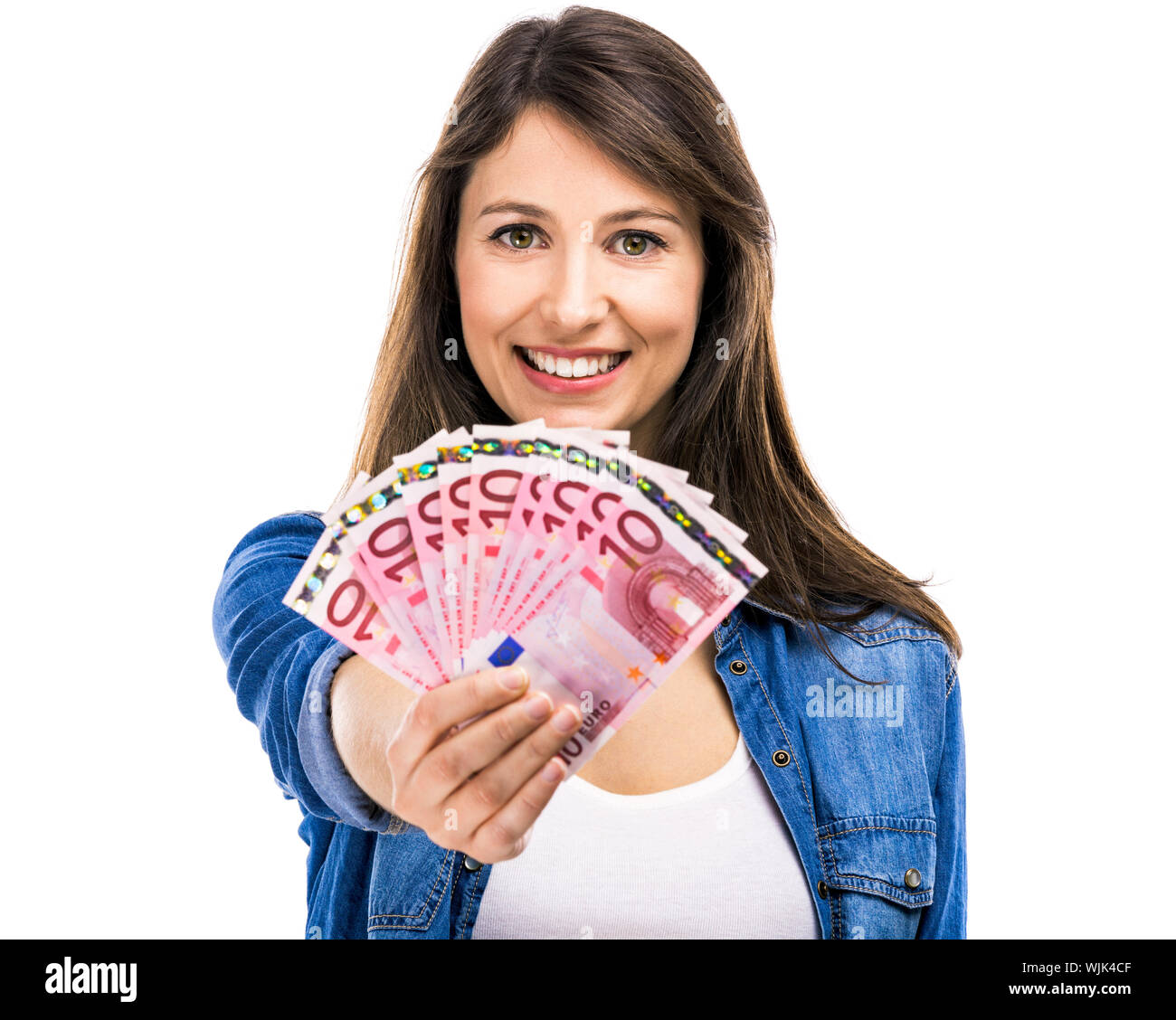 Beauitful woman holding some Euro currency notes, isolated over white ...