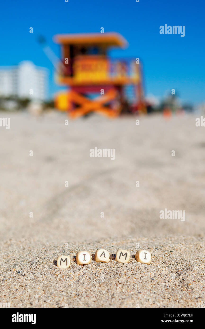 Beach with letters on the sand, Miami Stock Photo - Alamy