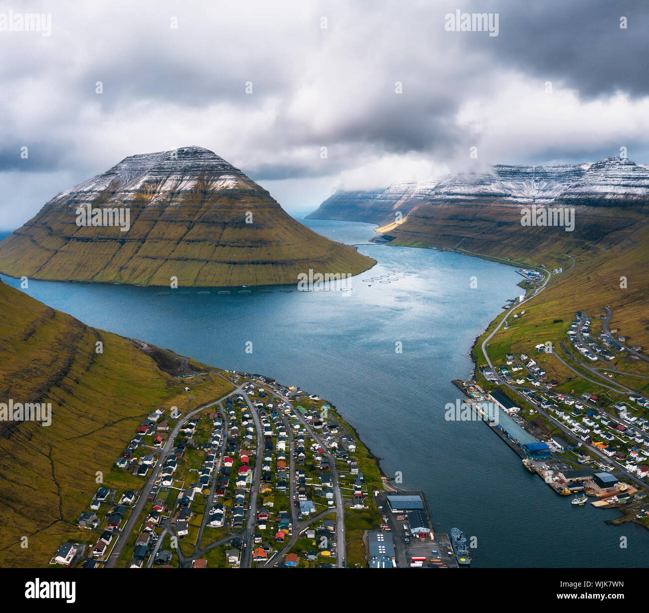 Aerial view of the city of Klaksvik on Faroe Islands, Denmark Stock ...