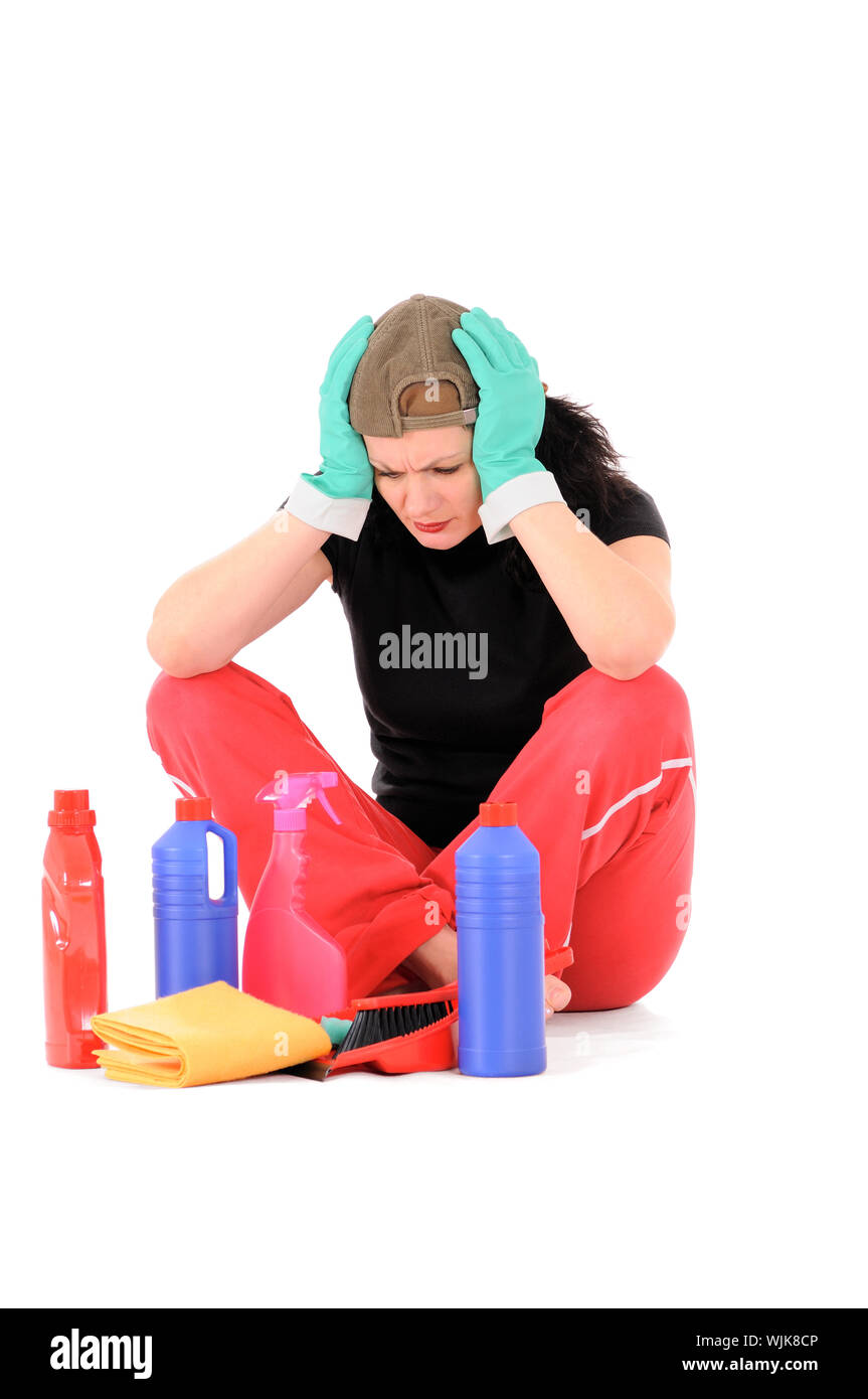 The woman has thought of washing-up liquids isolated on white ...