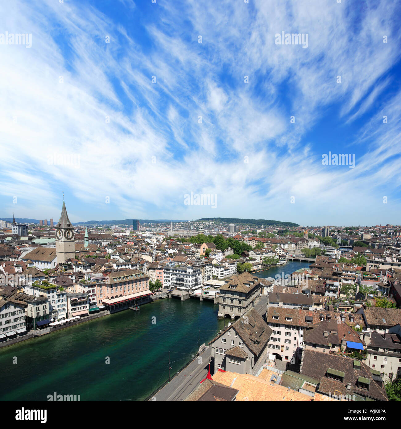 Cityscape of Zurich, Switzerland. Taken from a church tower overlooking ...