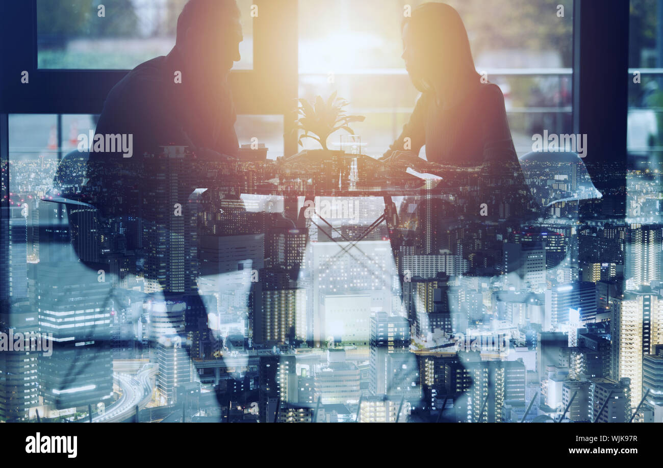 Business people collaborate together in office. Internet connection ...