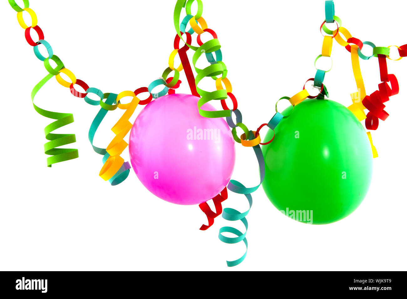 Handmade paper chain guirlande and balloons isolated over white Stock ...