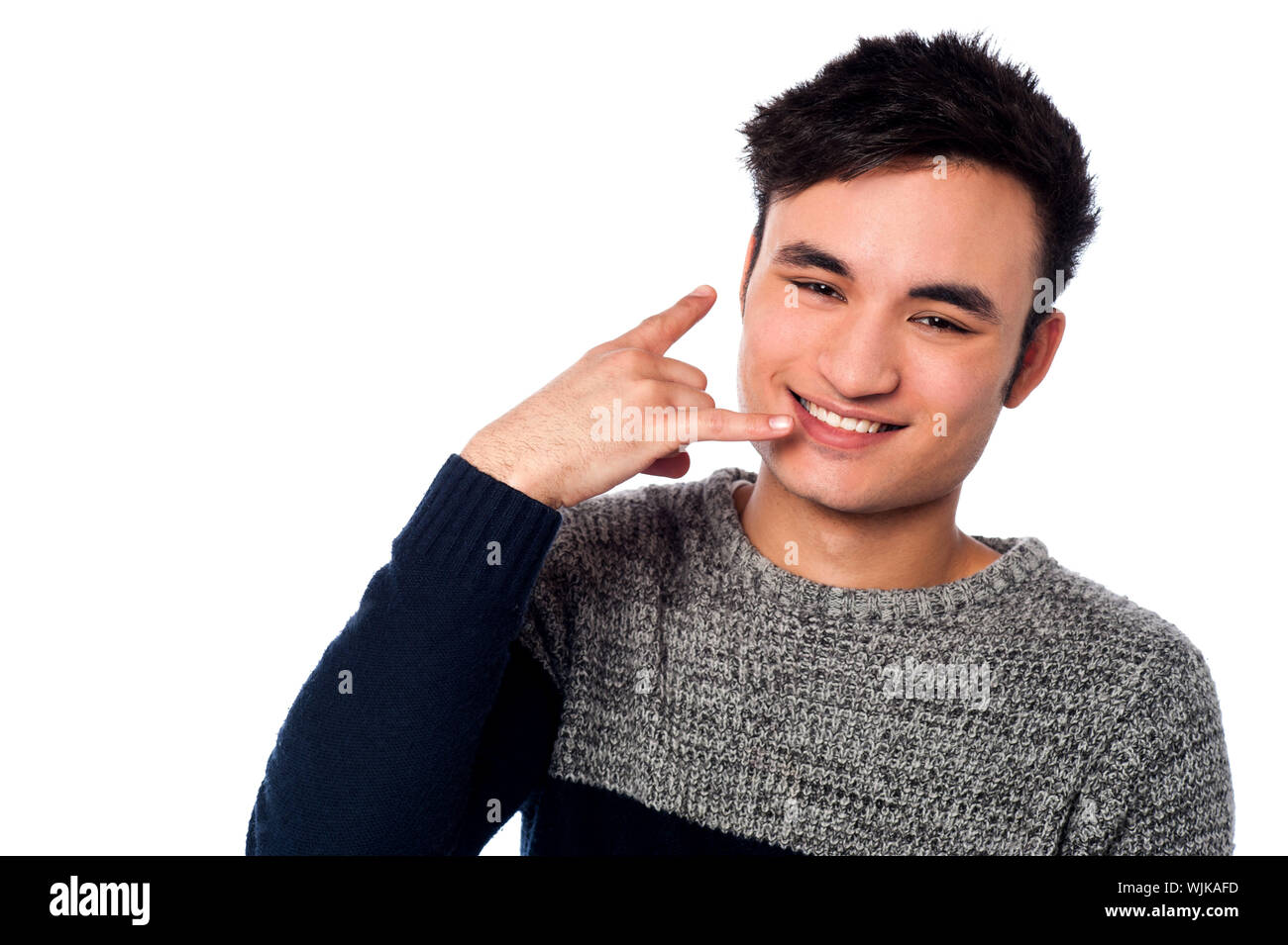 Call me gesture image, white background Stock Photo - Alamy
