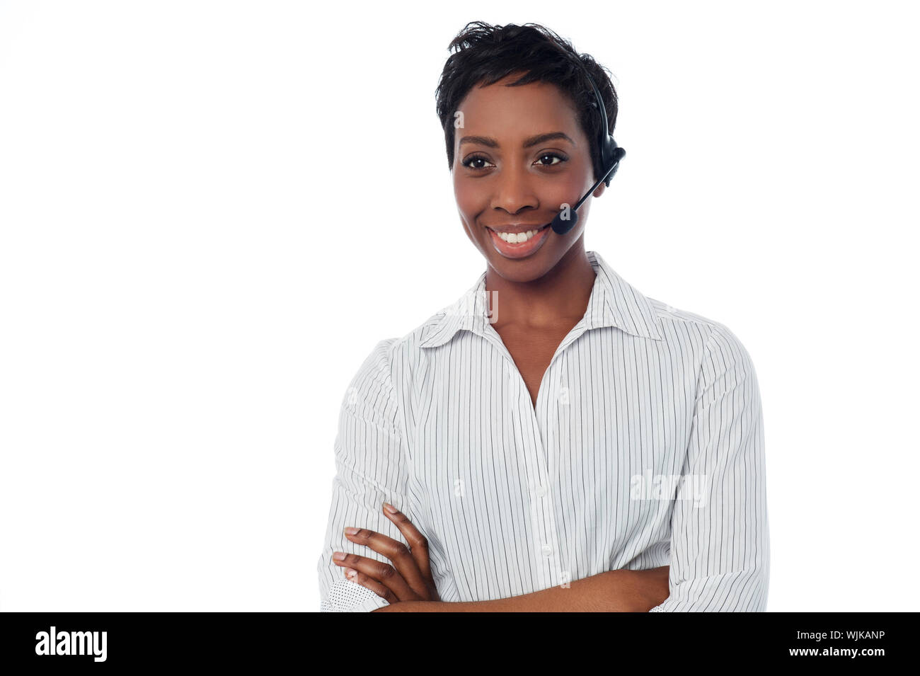 Cheerful female telecaller wearing headset hi-res stock photography and ...