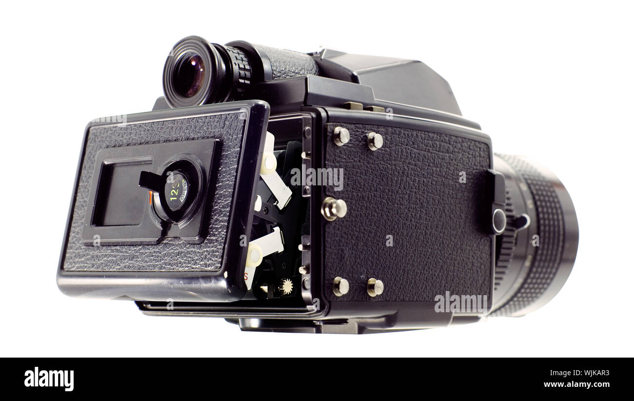 It is old classic 645 medium format camera and was opened Stock Photo ...