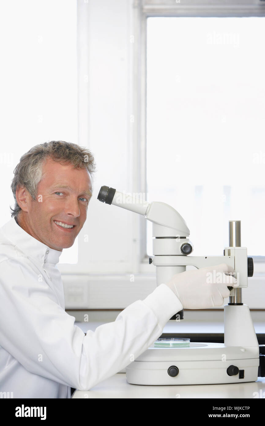 Portrait of happy middle aged scientist using microscope in laboratory ...