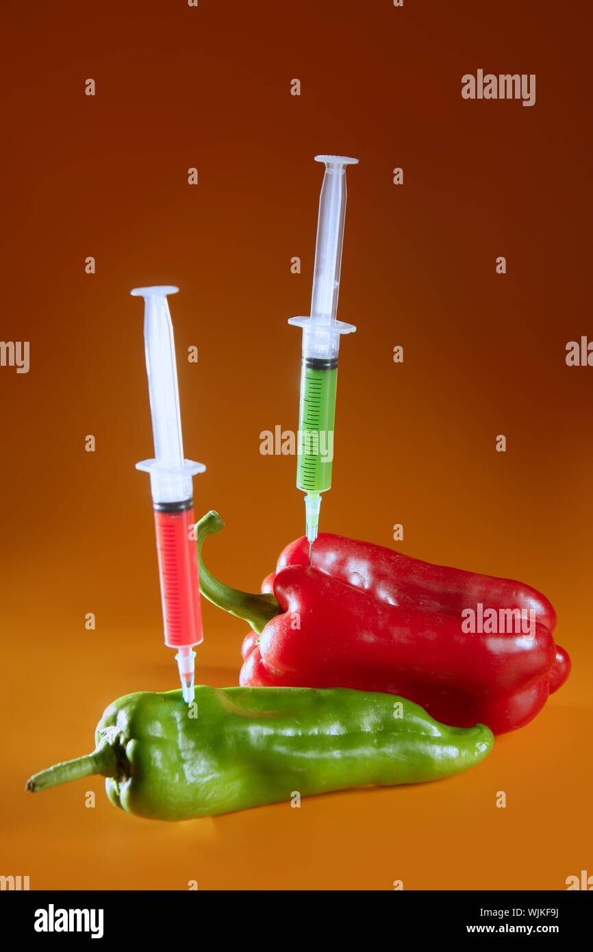 Two pepper in red and green with inverted syringe colors Stock Photo ...