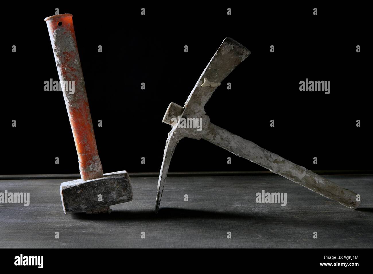 Hardware construction hand used dirty tools, studio over dark black ...